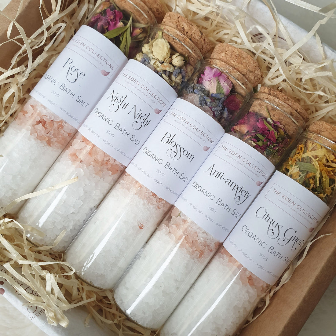 Bundle of 5 Organic Bath Salts in glass tubes (5x65g) – The Eden ...
